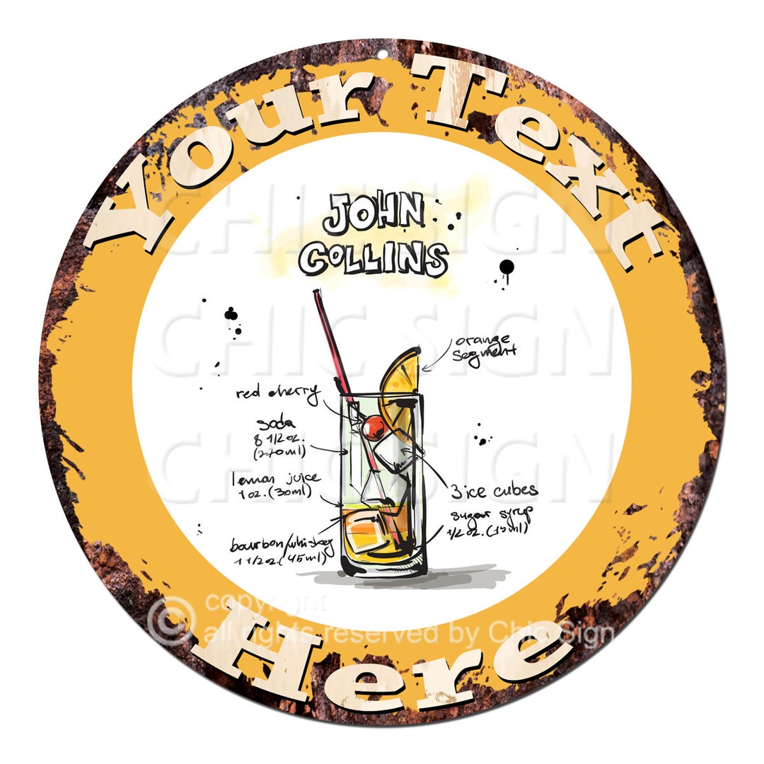 Custom John Collins Cocktail Metal Sign, Personalized Wall Home Decor ...