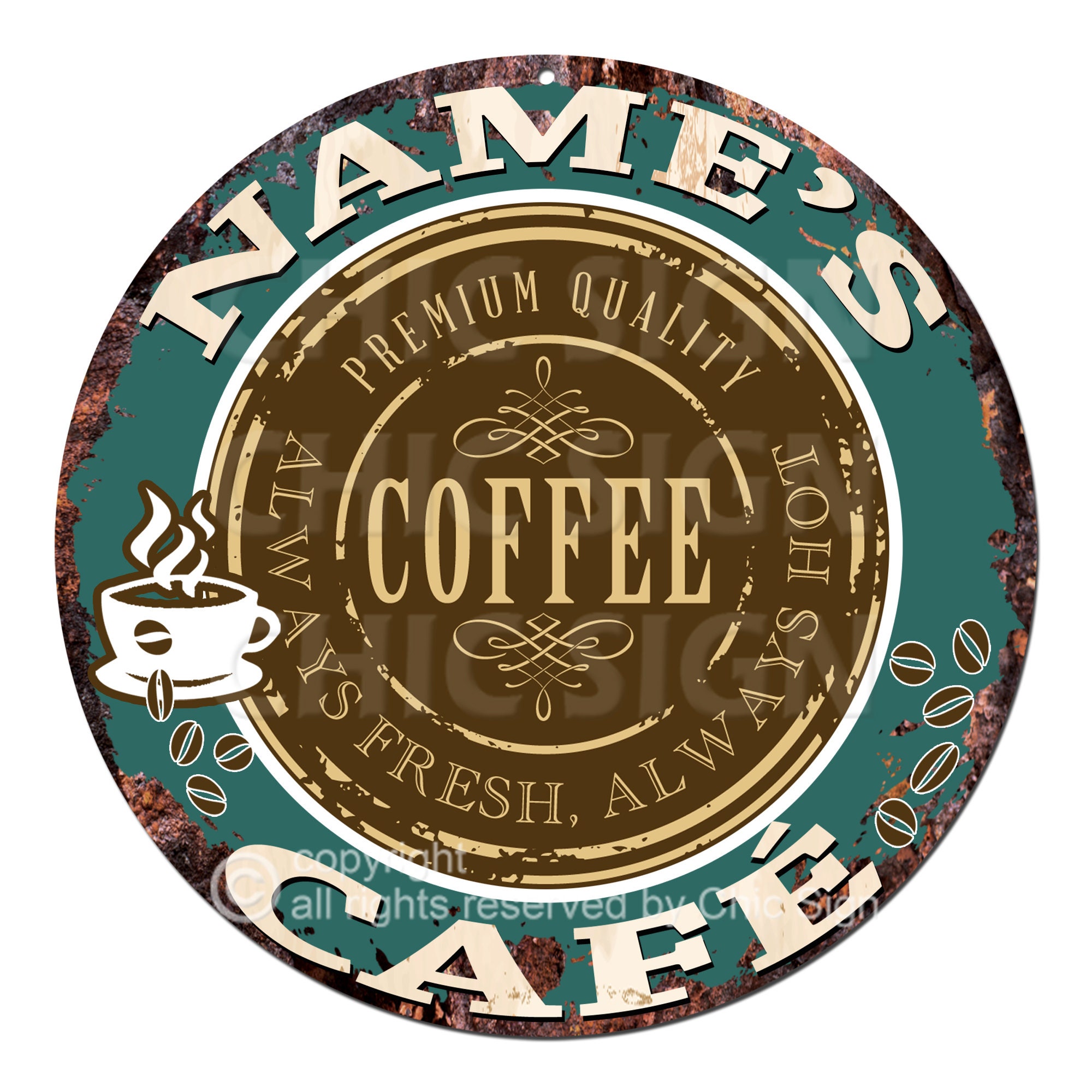 Custom Cafe Coffee Metal Sign, 11.75 in Personalized Home Decor ...