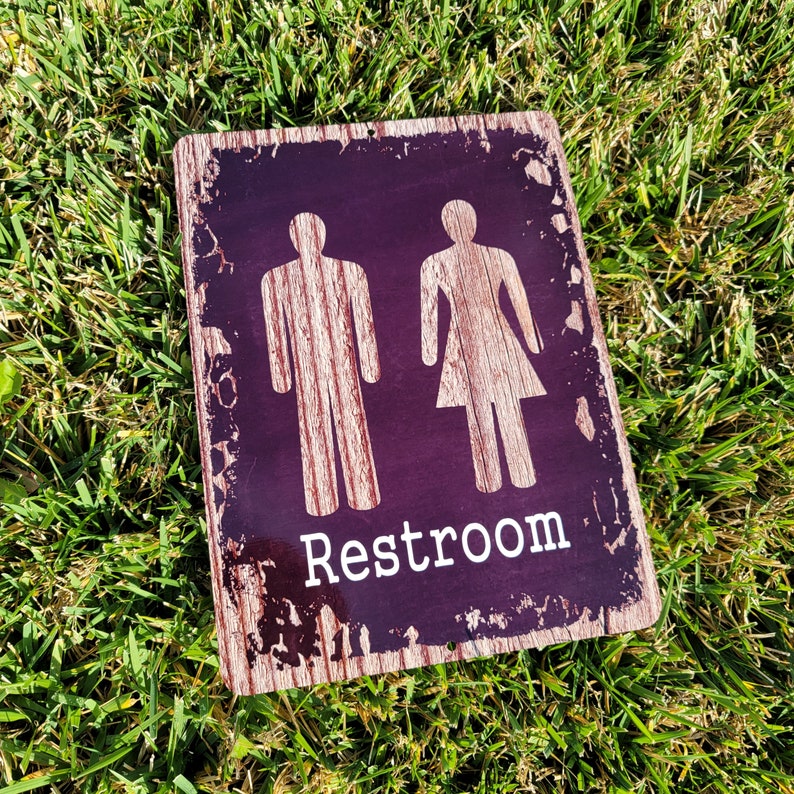 Rustic Style Restroom Metal Sign, Unisex Bathroom Washroom Wood Design ...