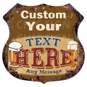 Custom Text Rustic Beer Shield Metal Sign, Personalized Bar Kitchen ...