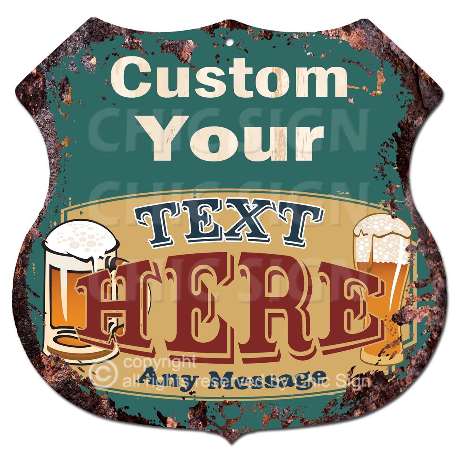 Custom Text Rustic Beer Shield Metal Sign, Personalized Bar Kitchen ...