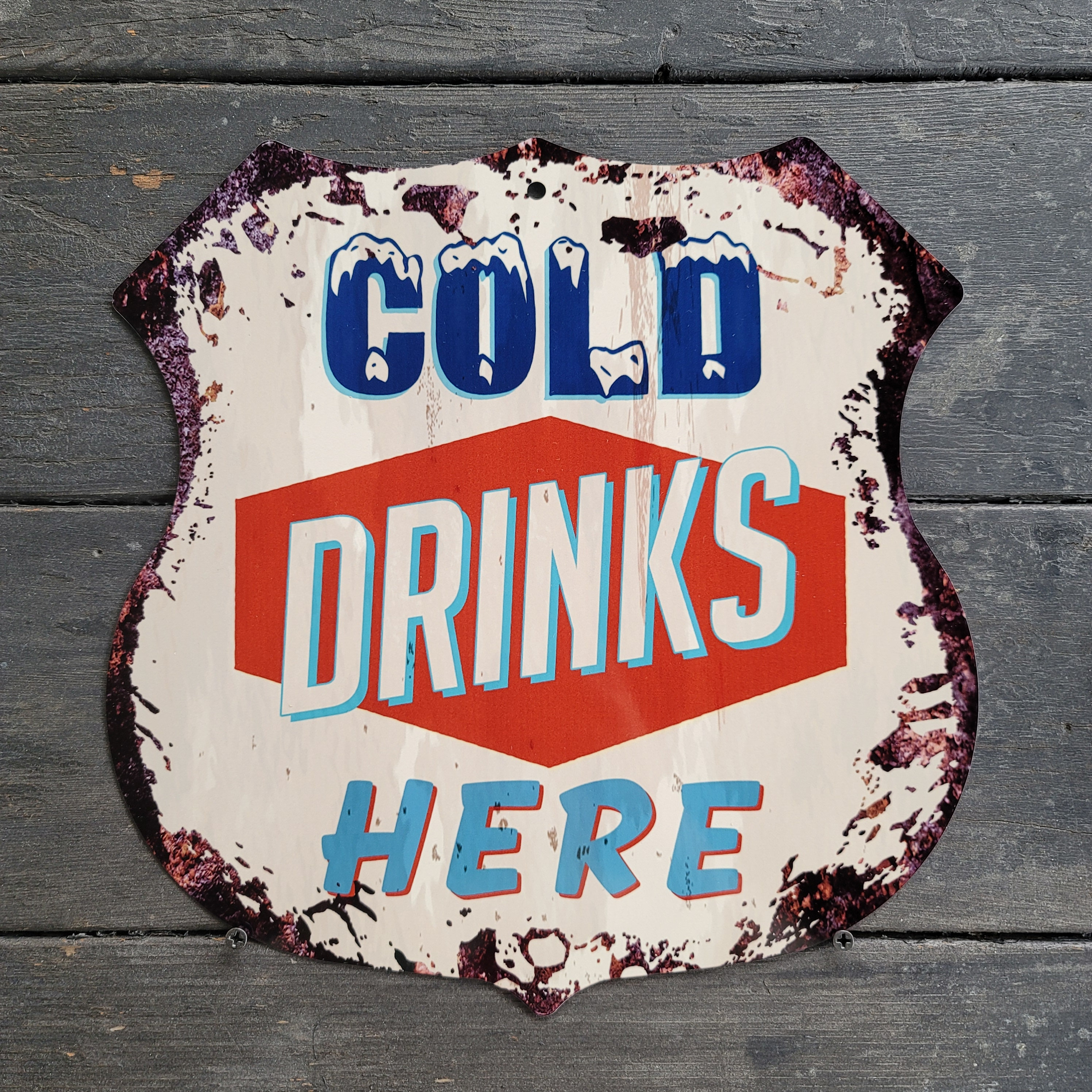 Rustic Cold Drinks Here Shield Metal Sign, Personalized Man Cave Garage ...