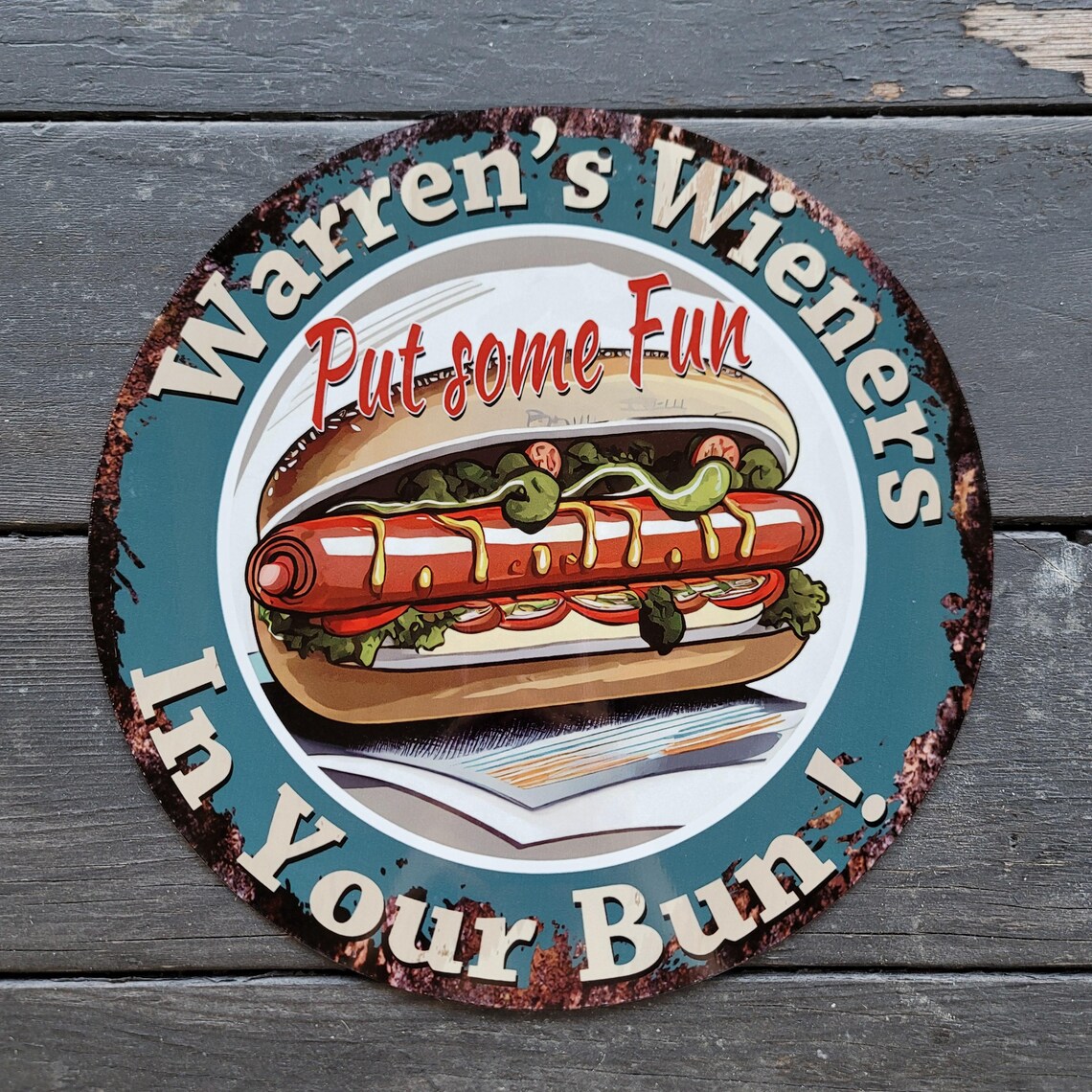 Custom Hot Wiener Dog Sandwich Bun Circle Metal Sign, Personalized BBQ ...
