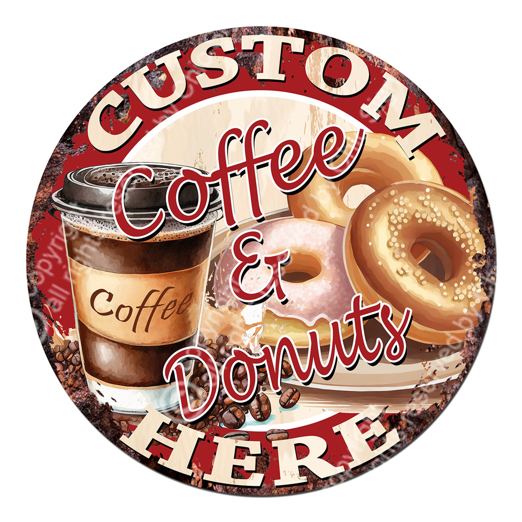 Custom Coffee & Donuts Metal Sign, Personalized Breakfast Food Dessert ...