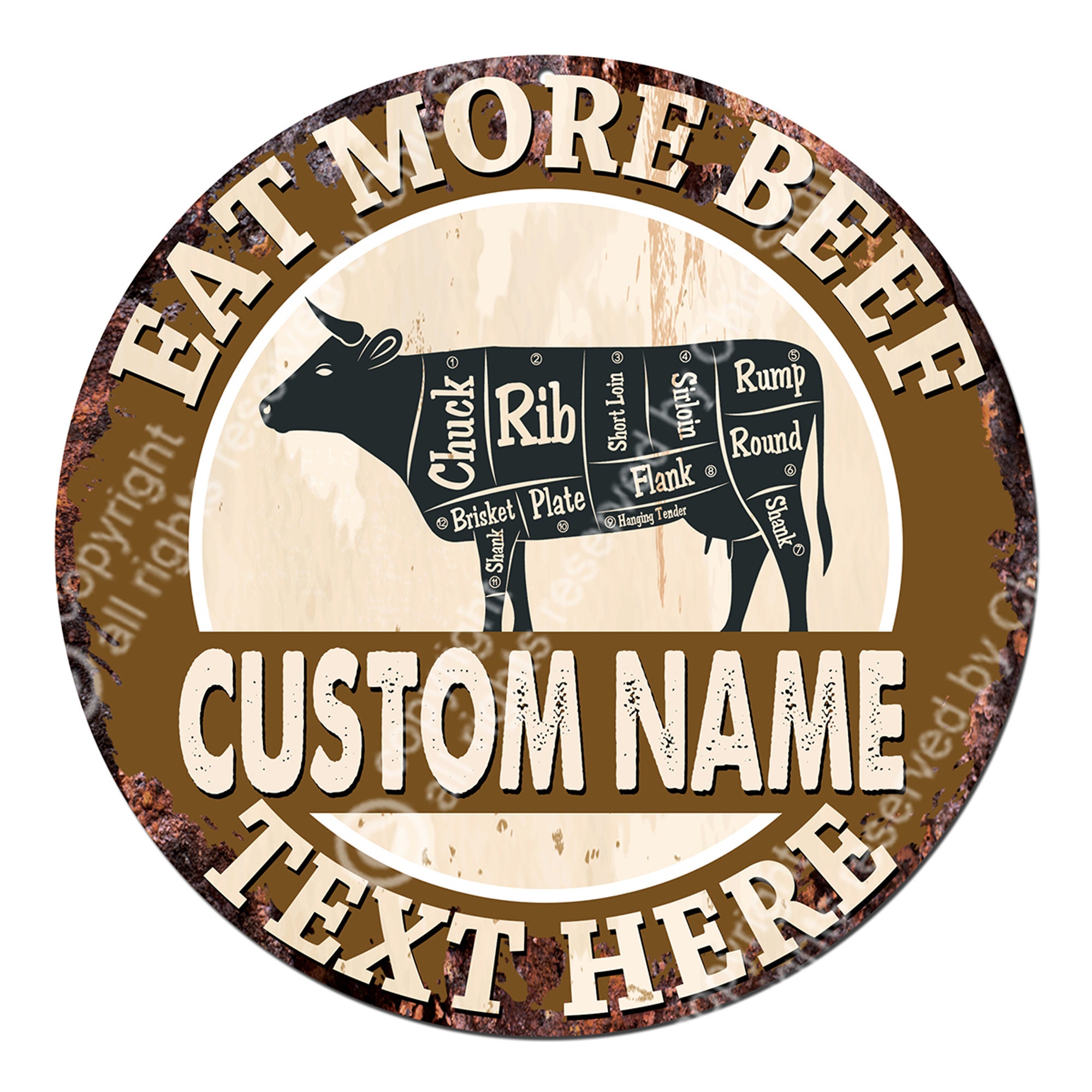 Custom Circle Meat Cuts Metal Sign, Personalized Cow Farm Backyard Home ...