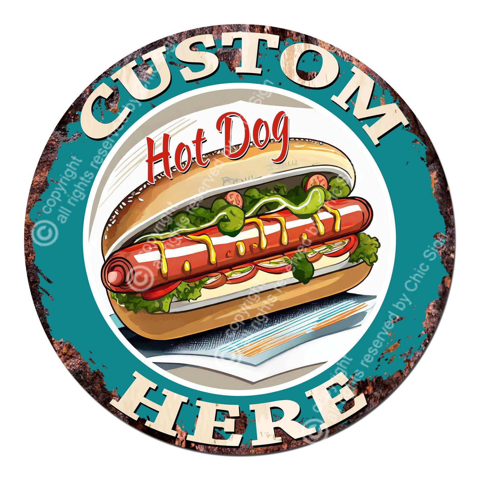 Custom Hot Wiener Dog Sandwich Bun Circle Metal Sign, Personalized BBQ ...
