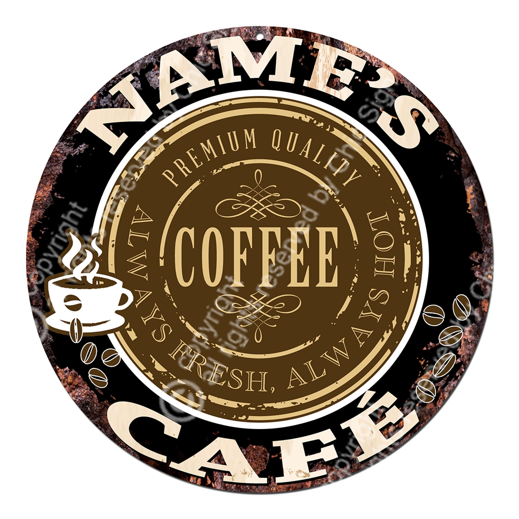 Custom Cafe Coffee Metal Sign, 11.75 in Personalized Home Decor ...