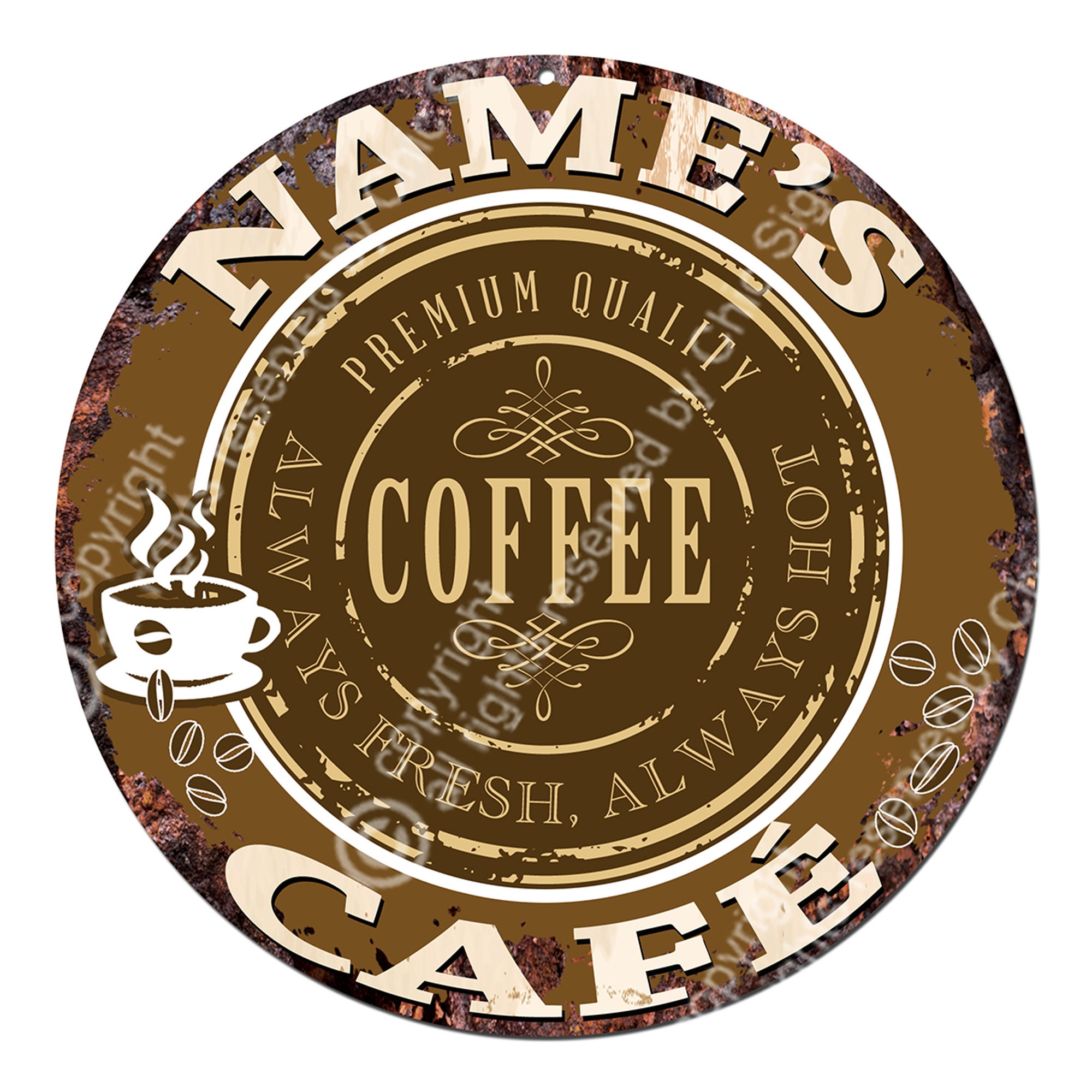 Custom Cafe Coffee Metal Sign, 11.75 in Personalized Home Decor ...
