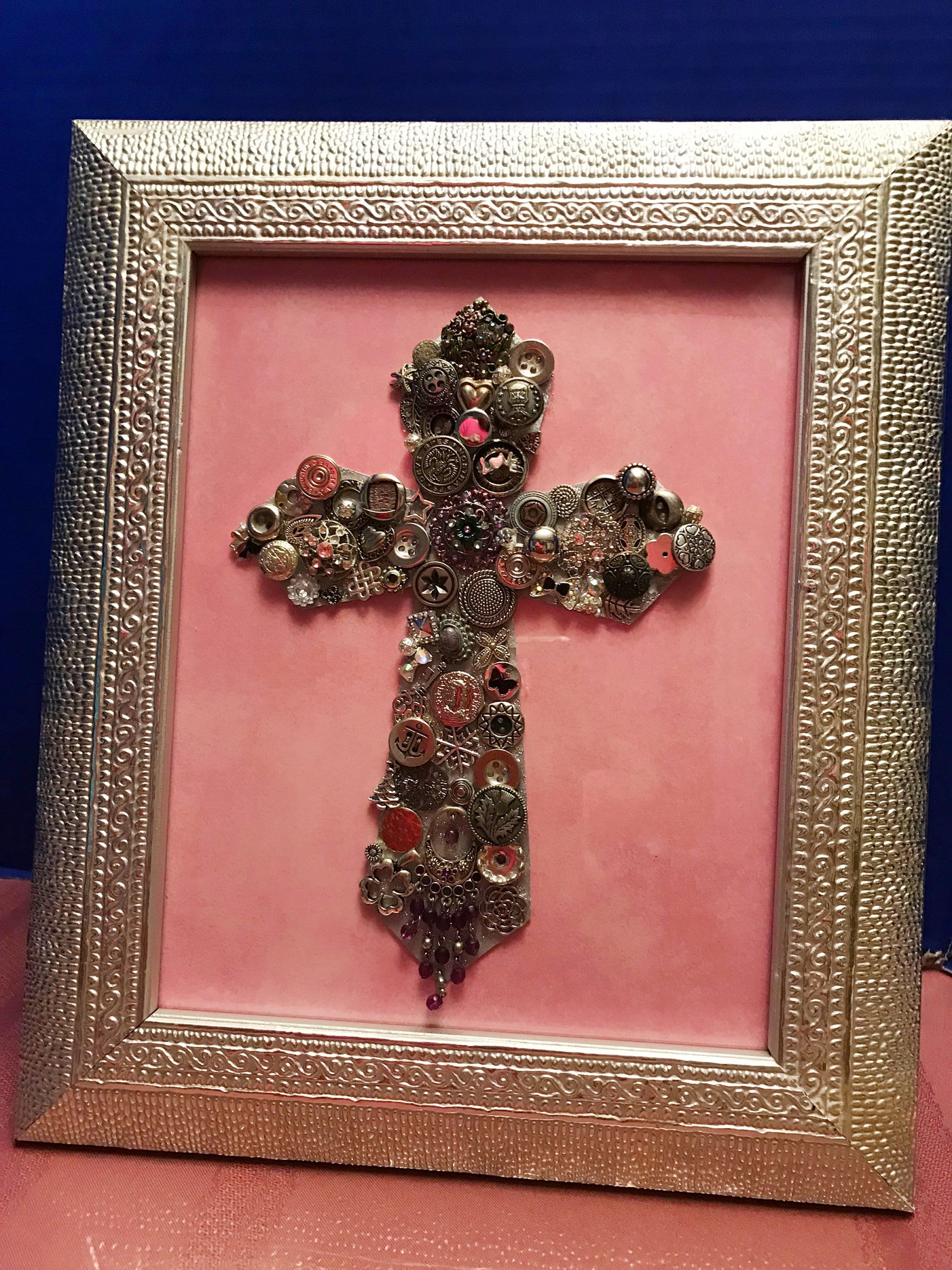 Silver Sparkly Bejeweled & Buttoned Framed Cross Art - Etsy