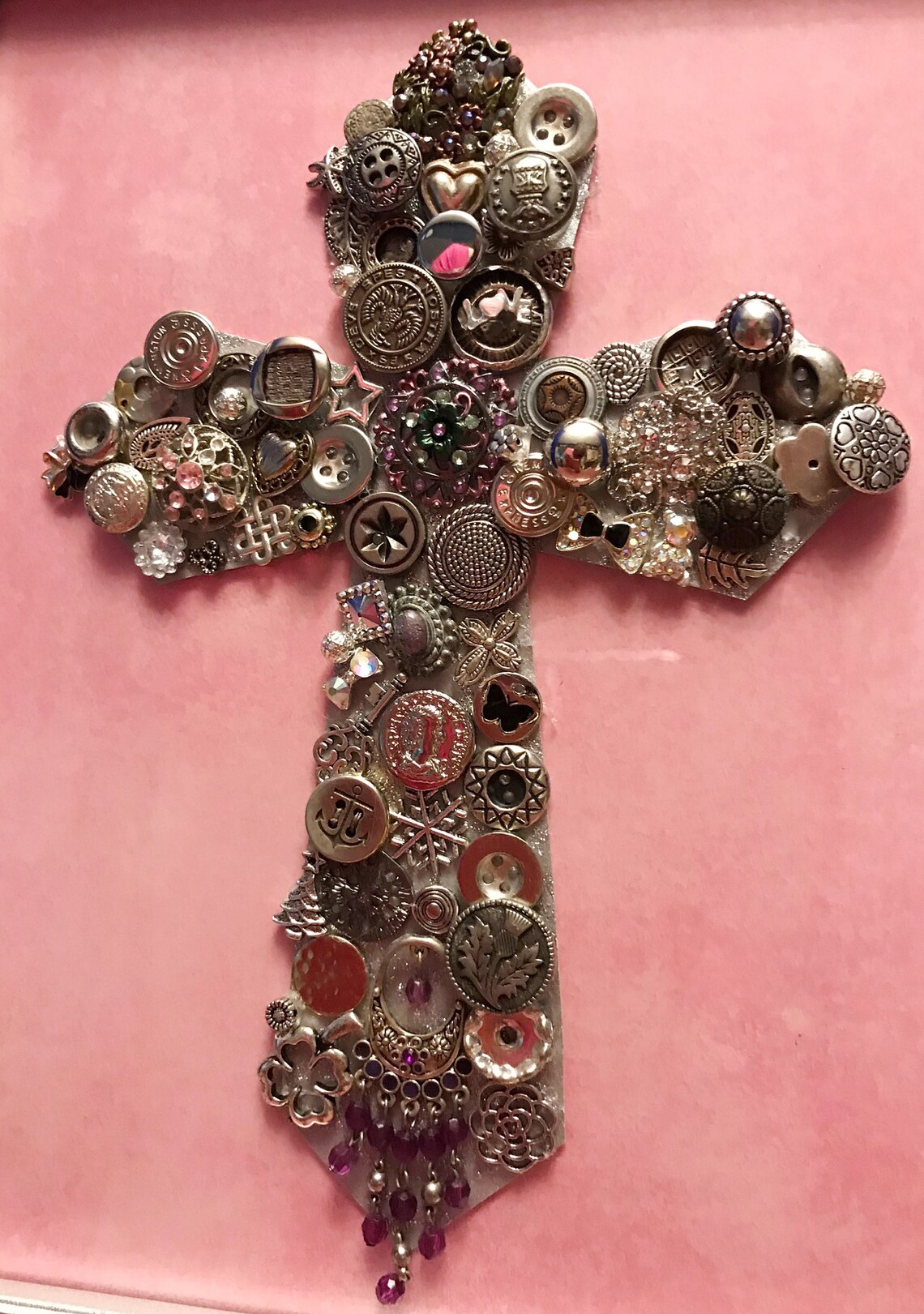 Silver Sparkly Bejeweled & Buttoned Framed Cross Art - Etsy