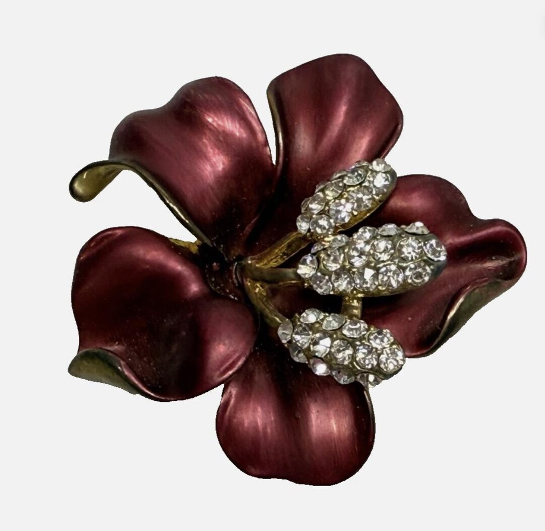 Rhinestone Hibiscus Flower Brooch Purple Gold Tone Clear Gems Pin ...