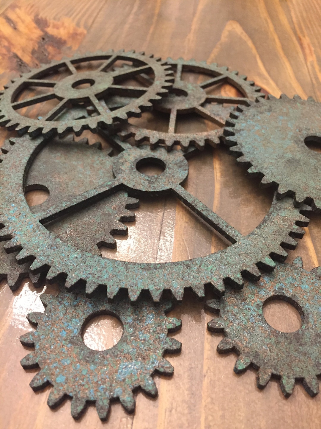 Collection of 7 Painted Patina Steampunk Wood Gears - Laser Cut - Faux ...