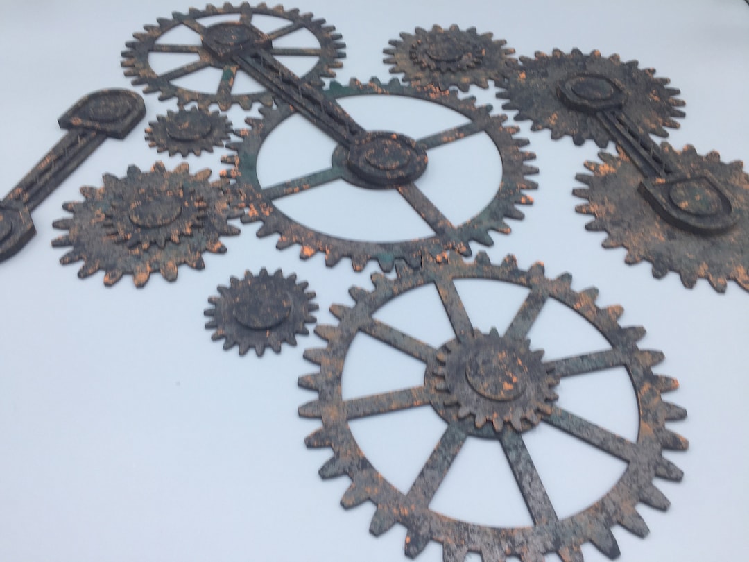 Extra Large Collection of 15 Gears and Rods - 7 Painted Patina and Rust ...