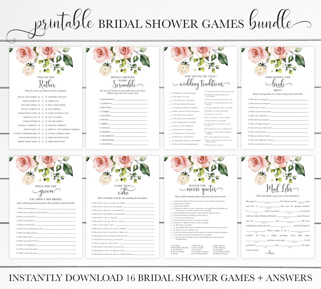Watercolor Rose Bridal Shower Games Bundle (instant Download) - Etsy