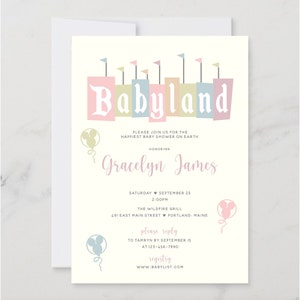 Babyland Baby Shower Invitation, Mickey Balloons, Sprinkle, Gender ...