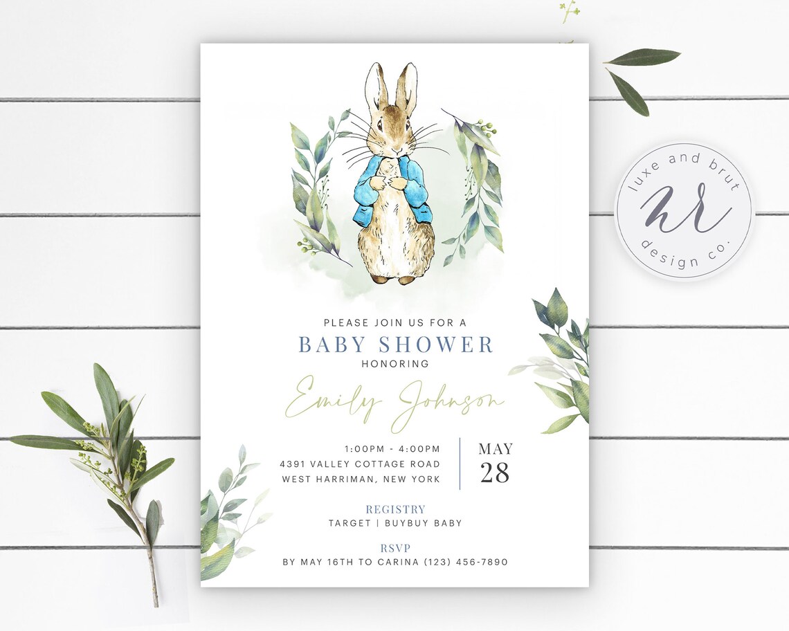 Peter Rabbit Baby Shower Invitation Watercolor Greenery - Etsy