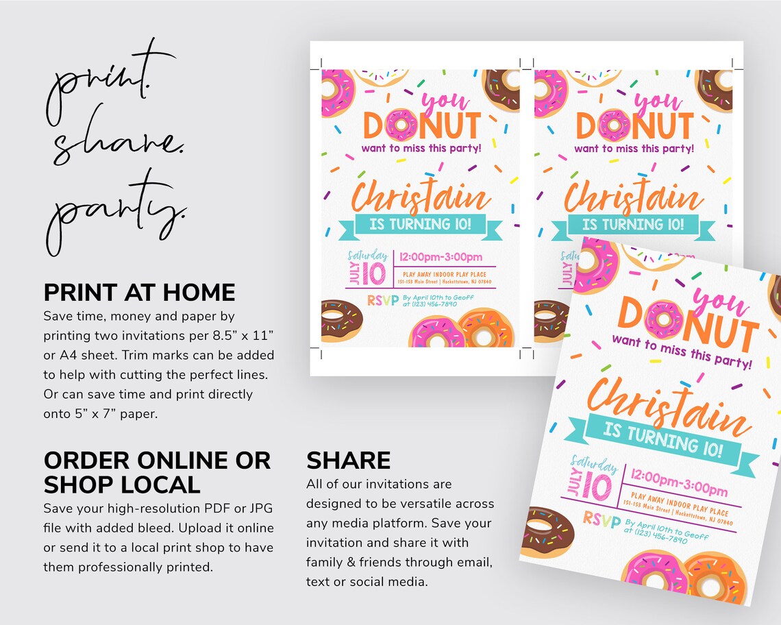 Dunkin' Donut Birthday Invitation: Watercolor Doughnut Party (DIY ...