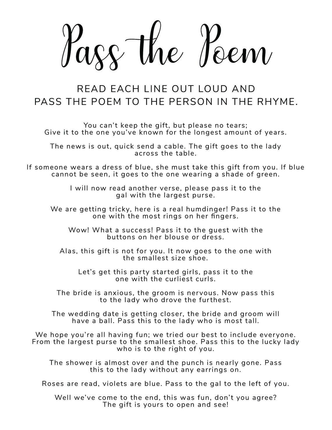 Pass the Poem Bridal Shower Game Bridal Shower DIY - Etsy