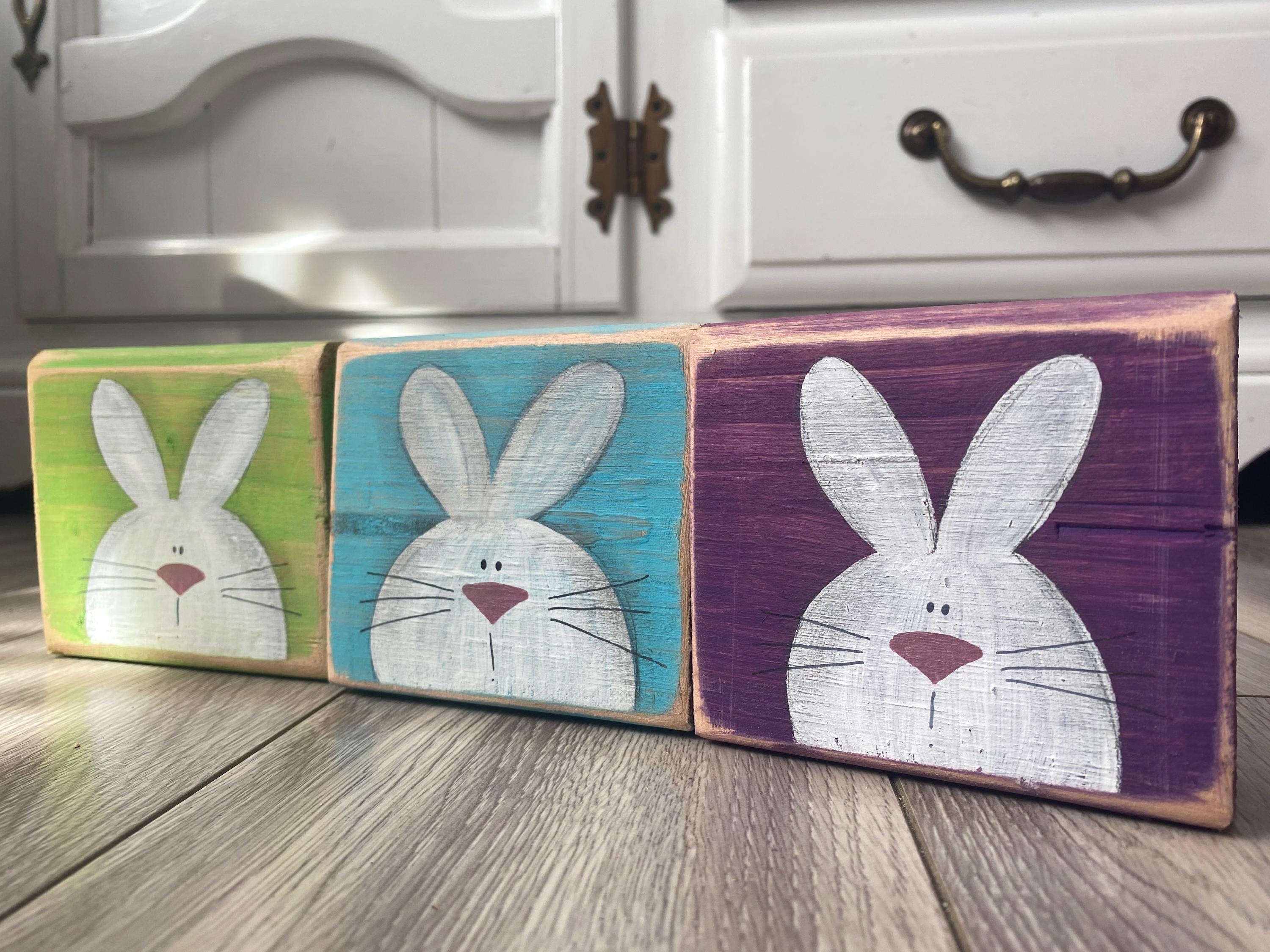 Handpainted Easter Bunny Shelf Sitters: Set of Three Blocks - Etsy