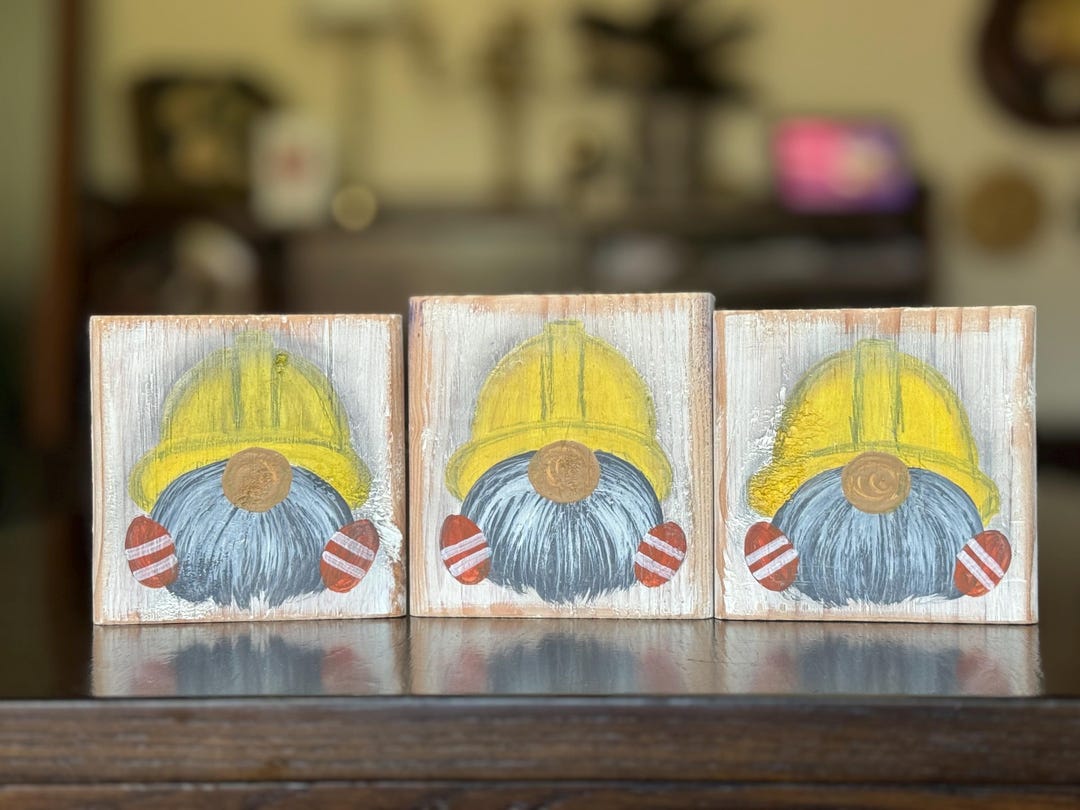 Rustic Construction Worker Gnome Painting on Wood, Handmade Shelf ...