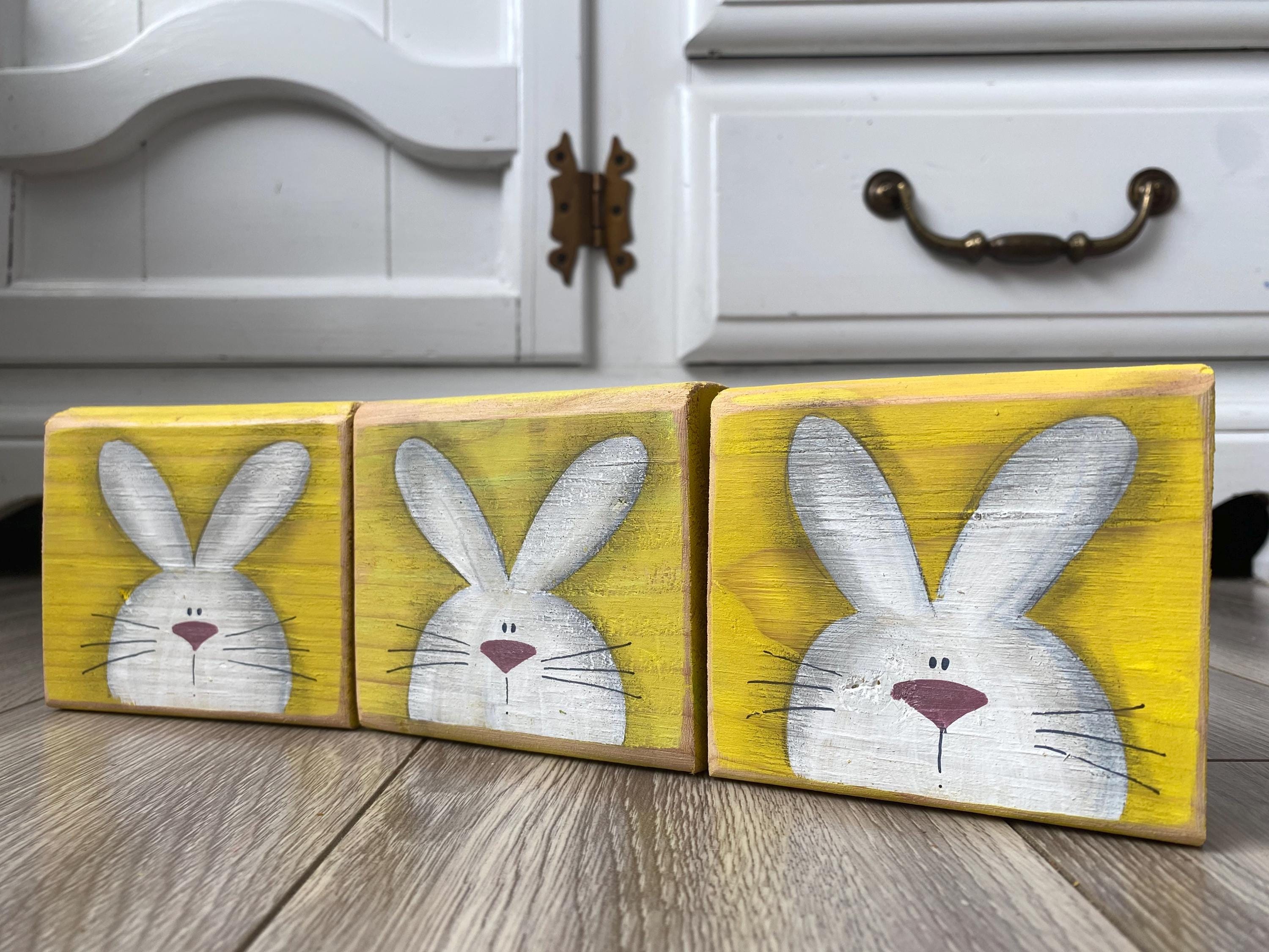 Handpainted Easter Bunny Shelf Sitters: Set of Three Blocks - Etsy