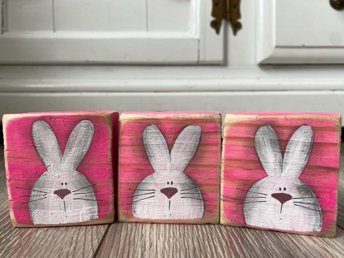 Handpainted Easter Bunny Shelf Sitters: Set of Three Blocks - Etsy