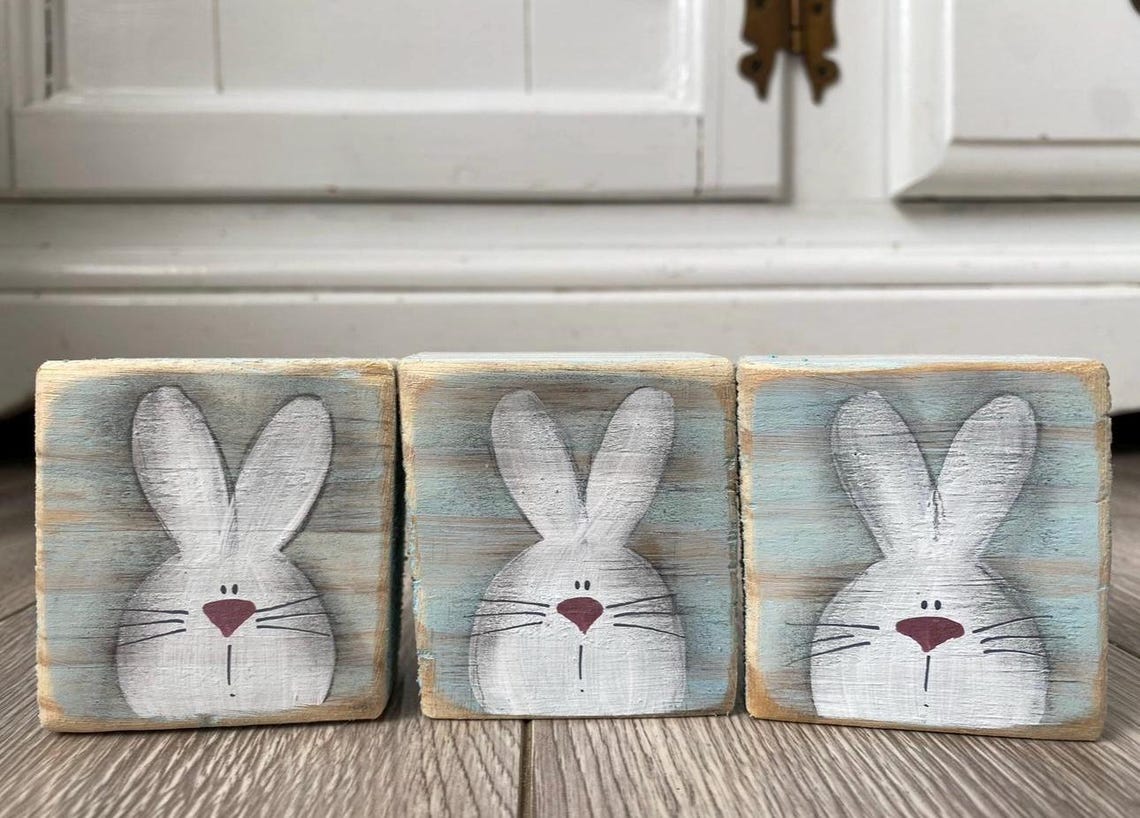 Handpainted Easter Bunny Shelf Sitters: Set of Three Blocks - Etsy