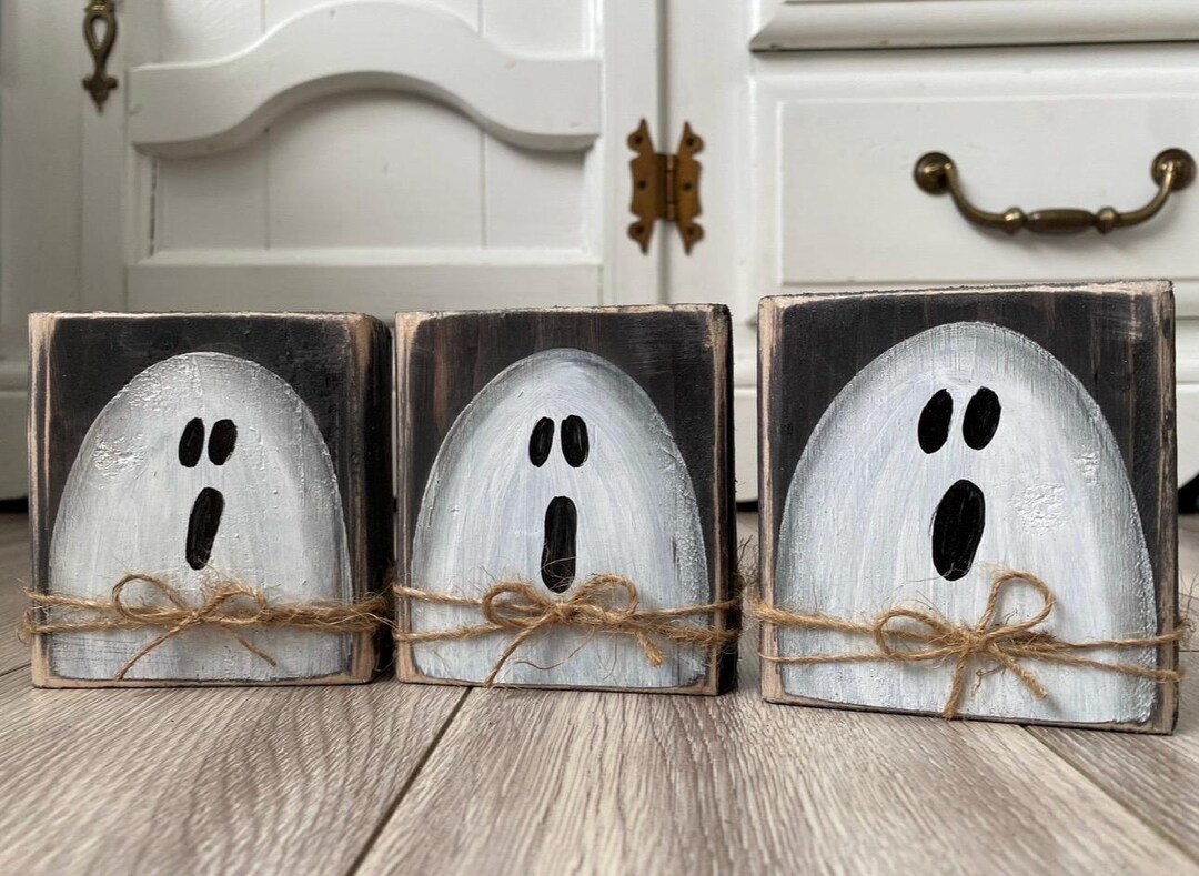 Set of Three Wooden Ghost Shelf Sitters, Original Painting - Etsy