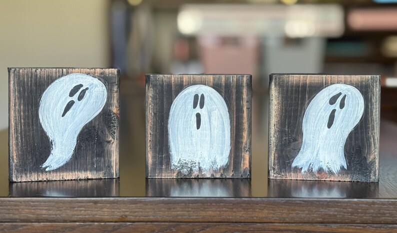 Set of Three Wooden Ghost Shelf Sitters, Original Painting - Etsy