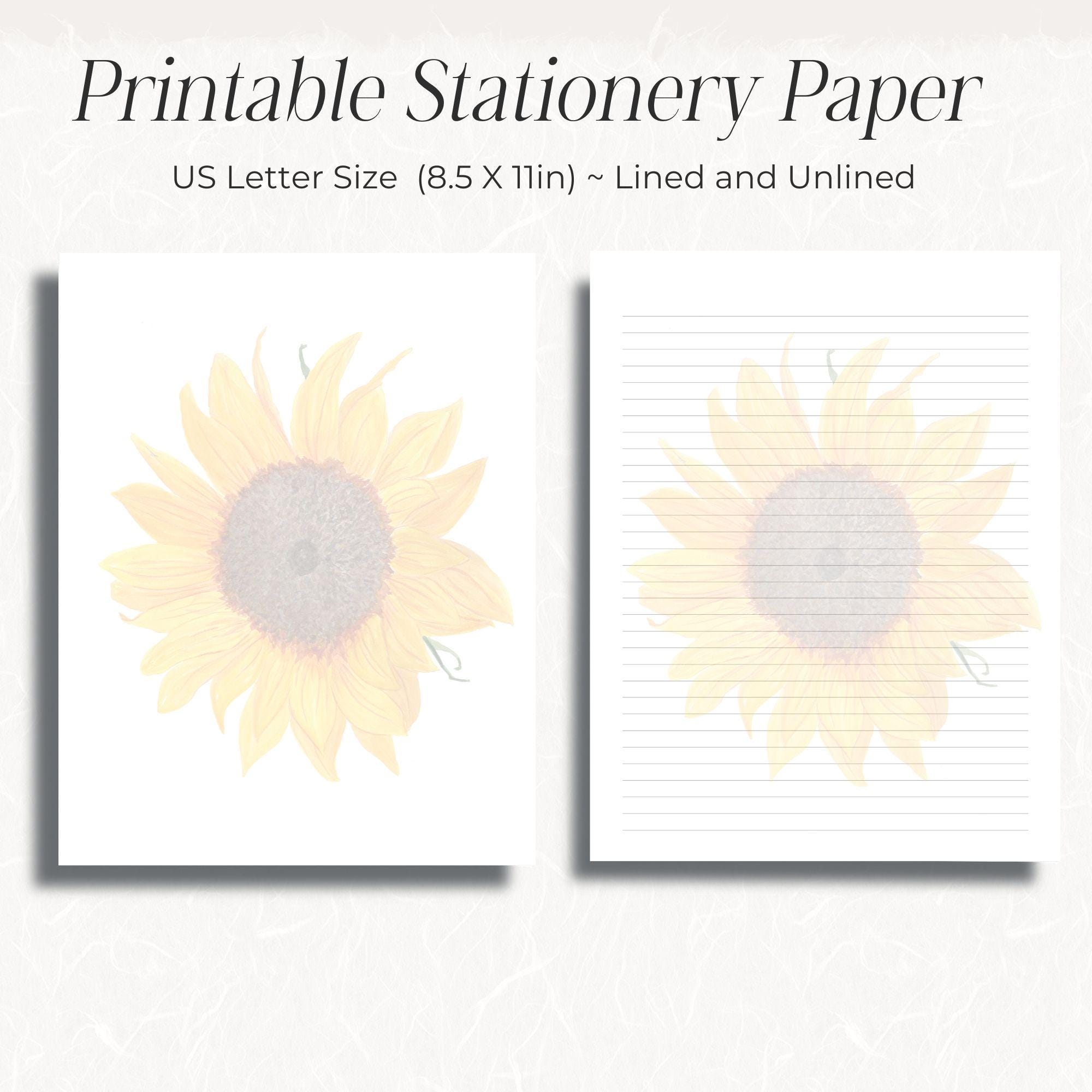 Sunflower Themed Printable Stationery, Lined Note Paper, Unlined ...