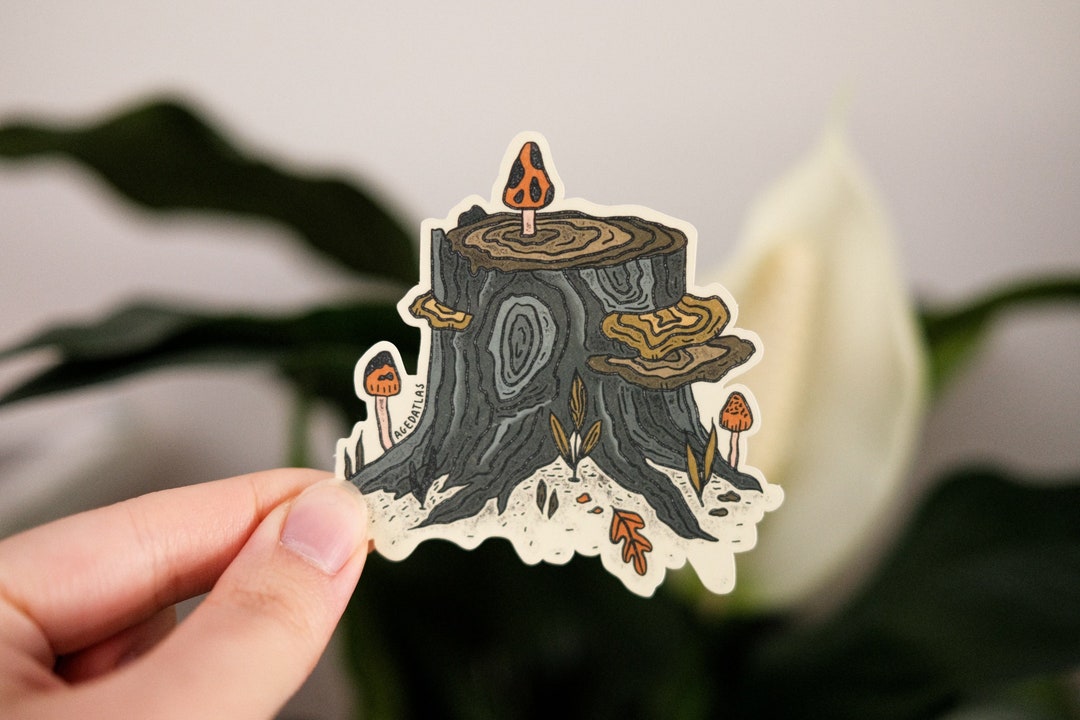 Cottagecore Mushroom and Tree Stump Waterproof Vinyl Sticker - Etsy