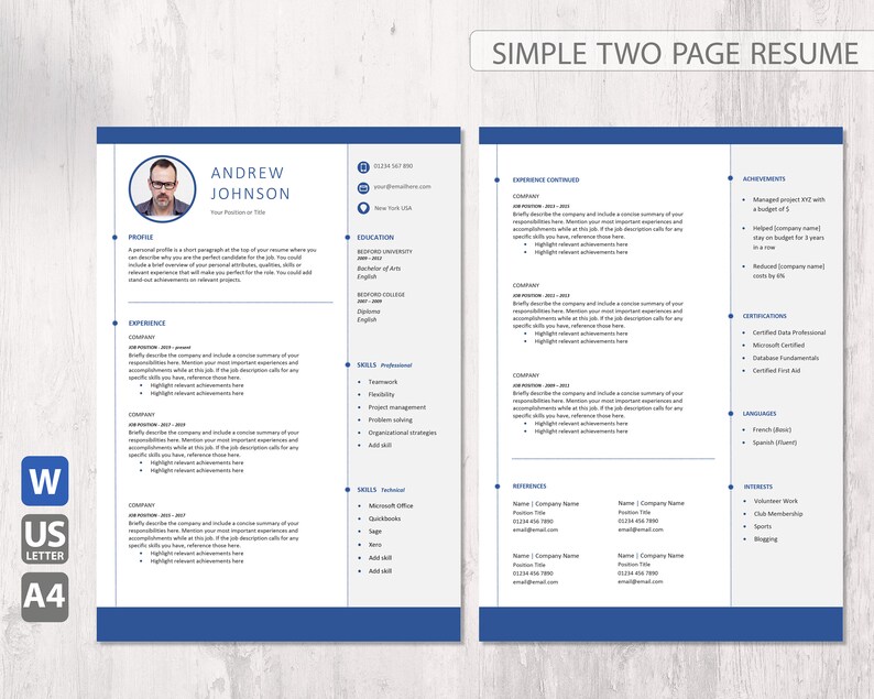 Resume Template. CV Template. Simple Two Page Resume Template With ...