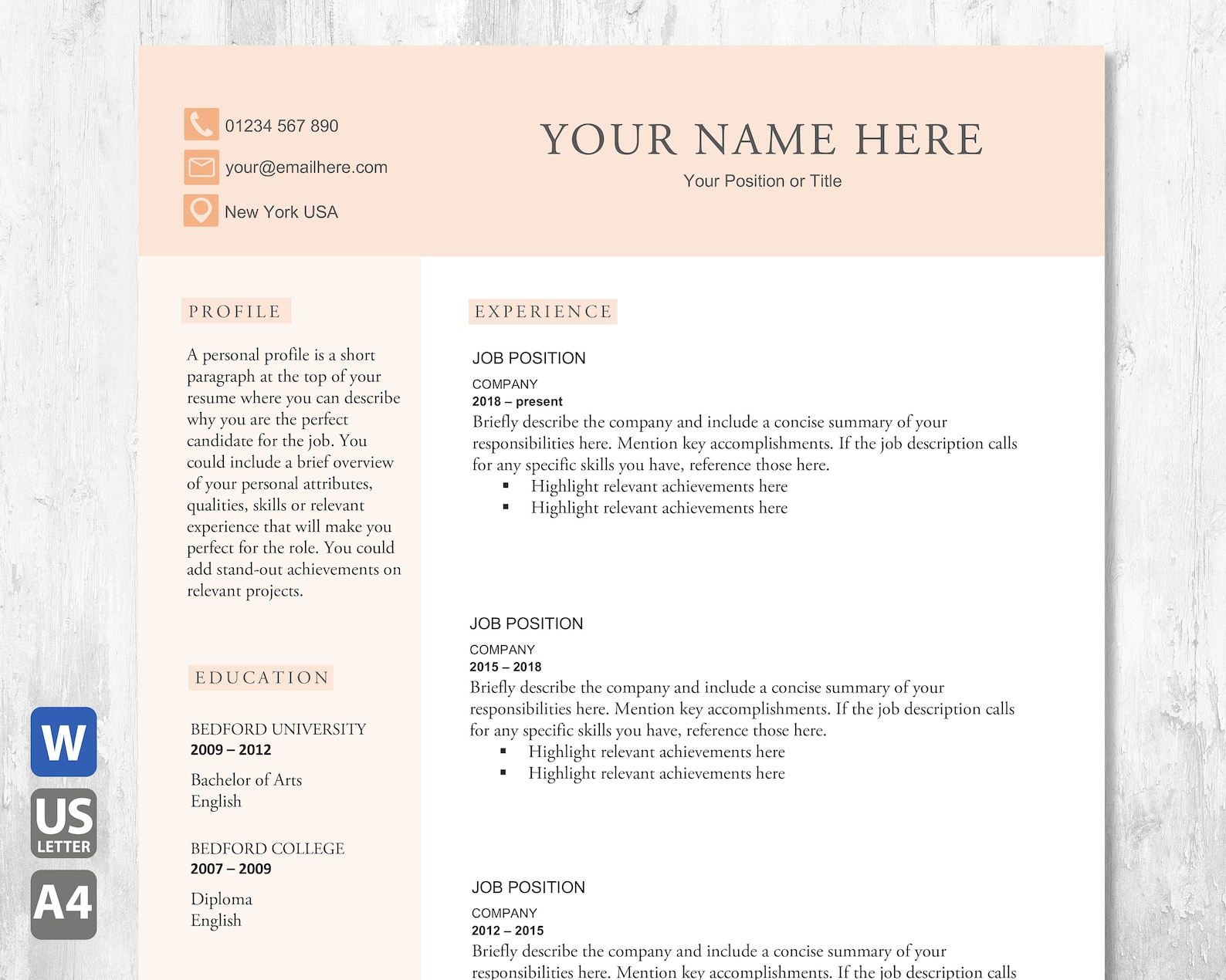 Resume Template. CV Template. Simple One Page Resume Template With ...