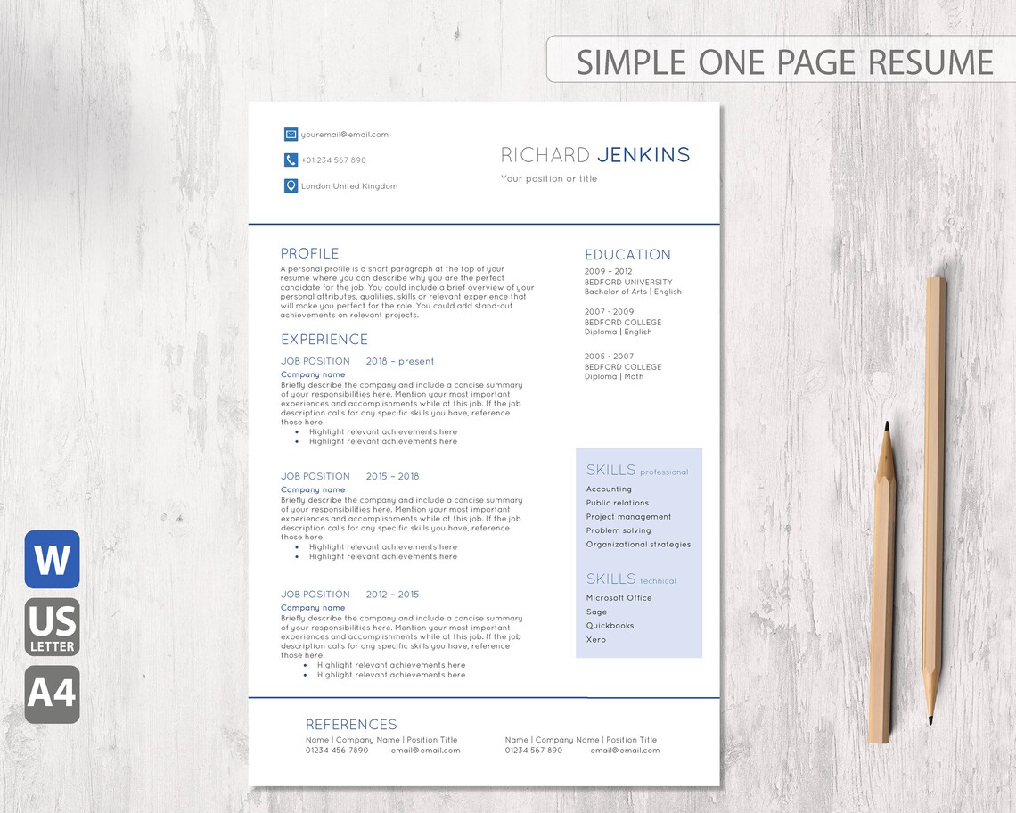 Resume Template. CV Template. Simple One Page Resume Template | Etsy