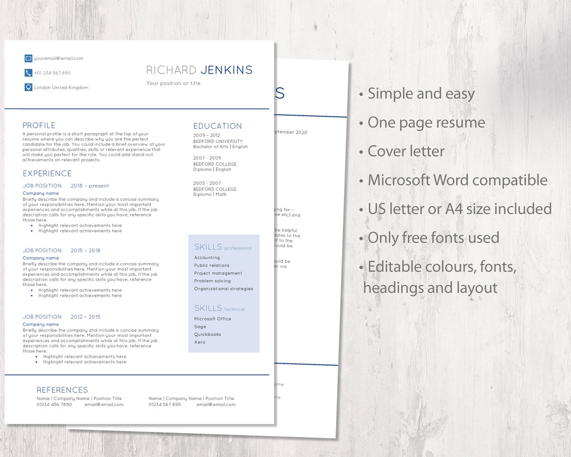 Resume Template. CV Template. Simple One Page Resume Template | Etsy