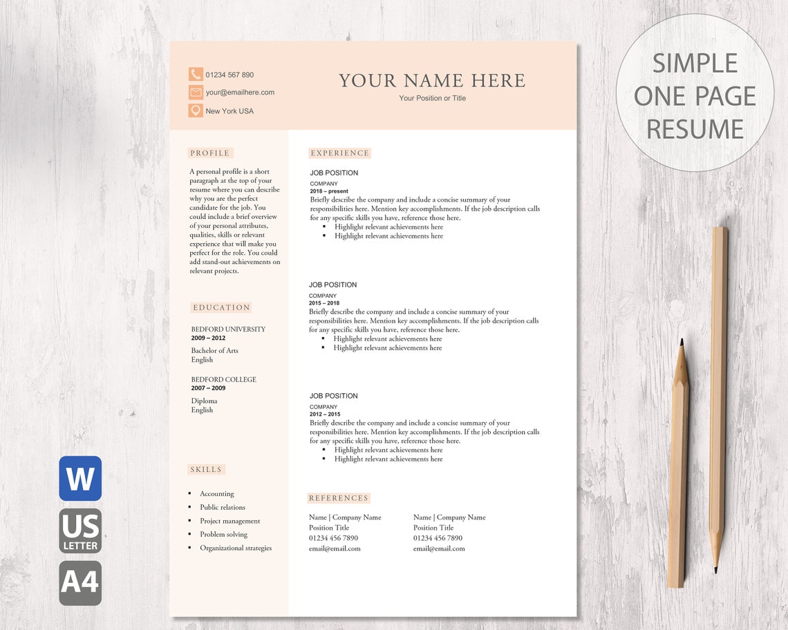 Resume Template. CV Template. Simple One Page Resume Template With ...