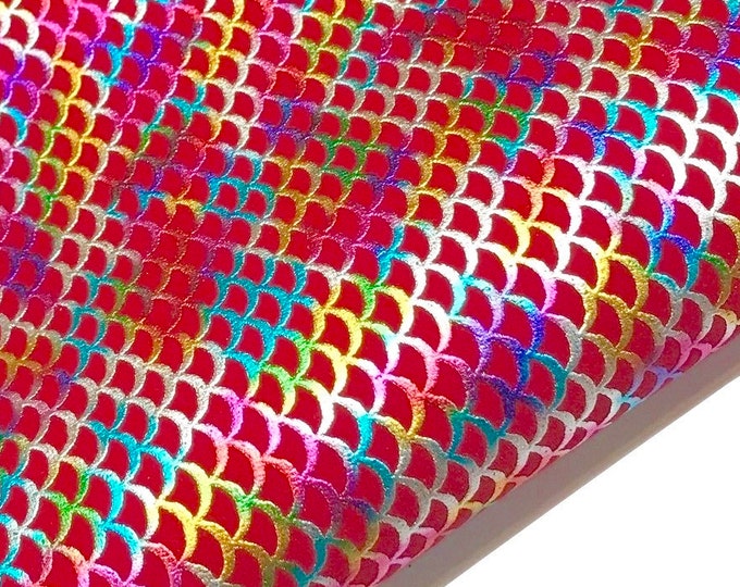 Red Metallic Rainbow Mermaid Scales Printed Faux Leather Sheet Vinyl ...