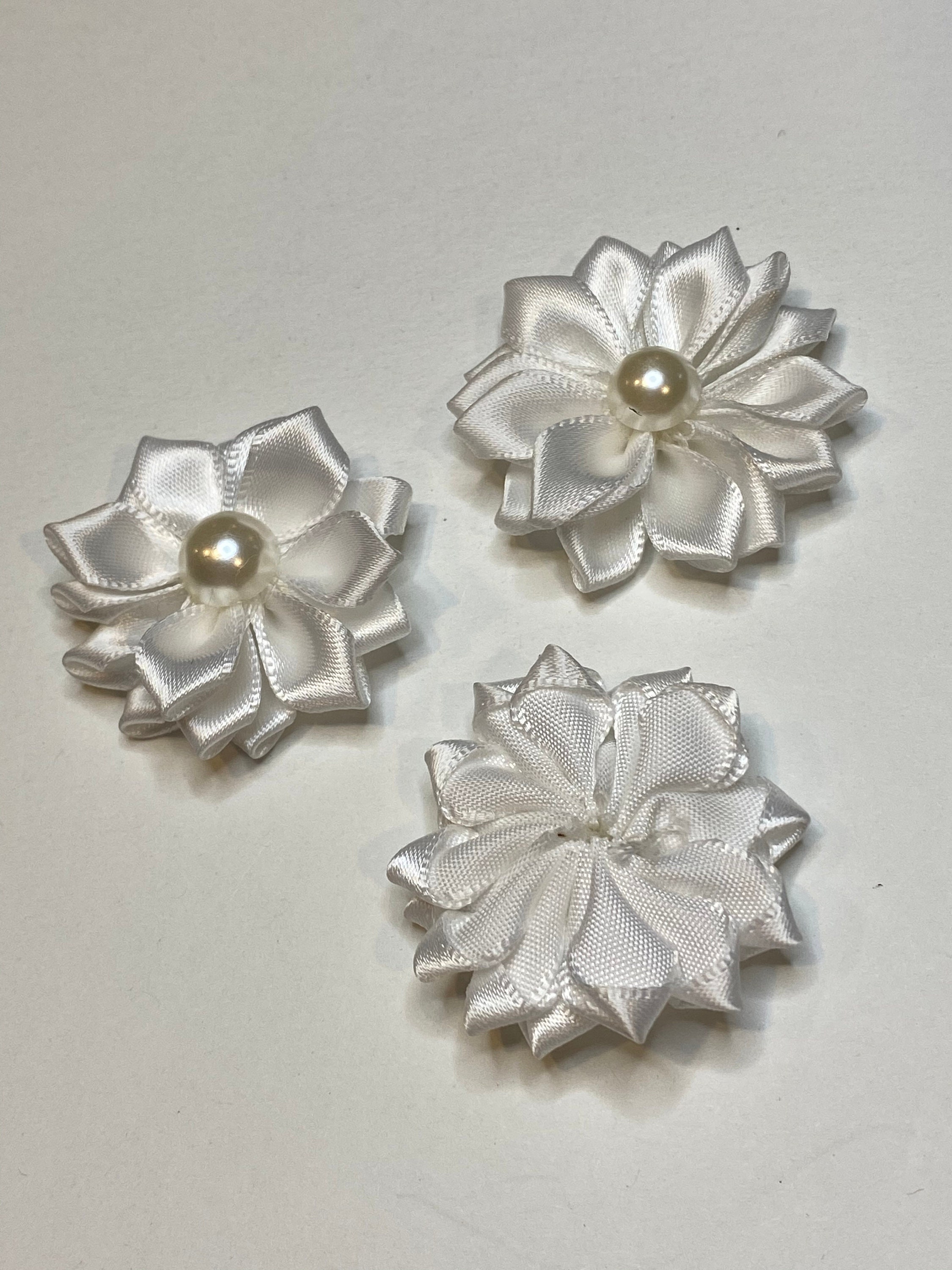 White 1.5 satin petal fabric flower w/ pearl centers | Etsy