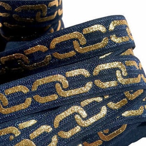 Navy Blue Metallic Gold Chain Link Print 5/8" Fold Over Elastic FOE, 1 ...