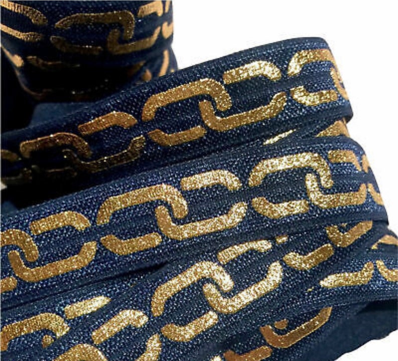 Navy Blue Metallic Gold Chain Link Print 5/8 Fold Over - Etsy