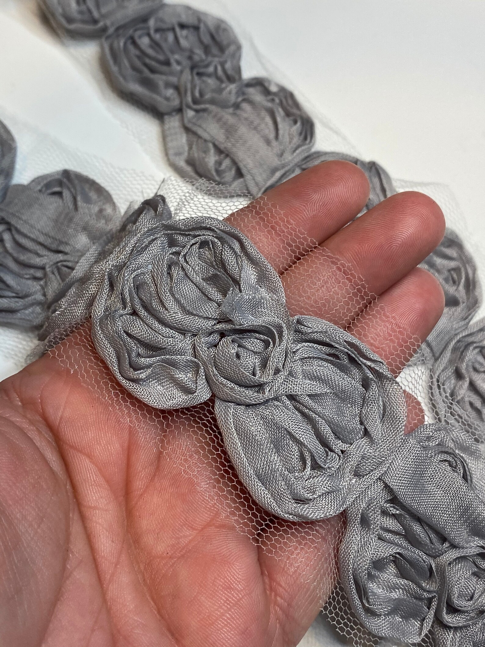 Gray 2.5 BOWS shabby chiffon rose trim frayed fabric | Etsy