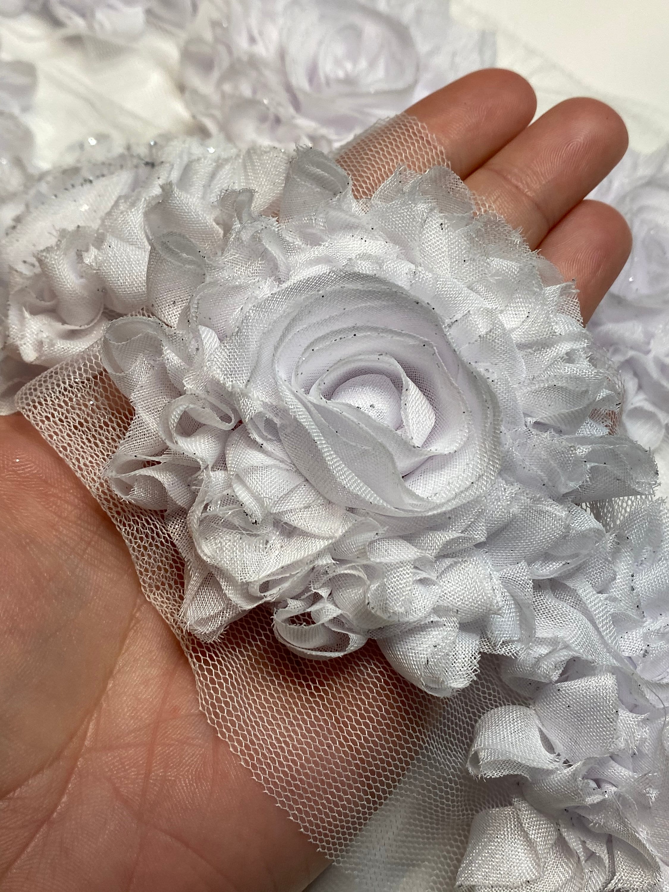 White 3 glitter ruffle shabby chiffon rose trim frayed | Etsy