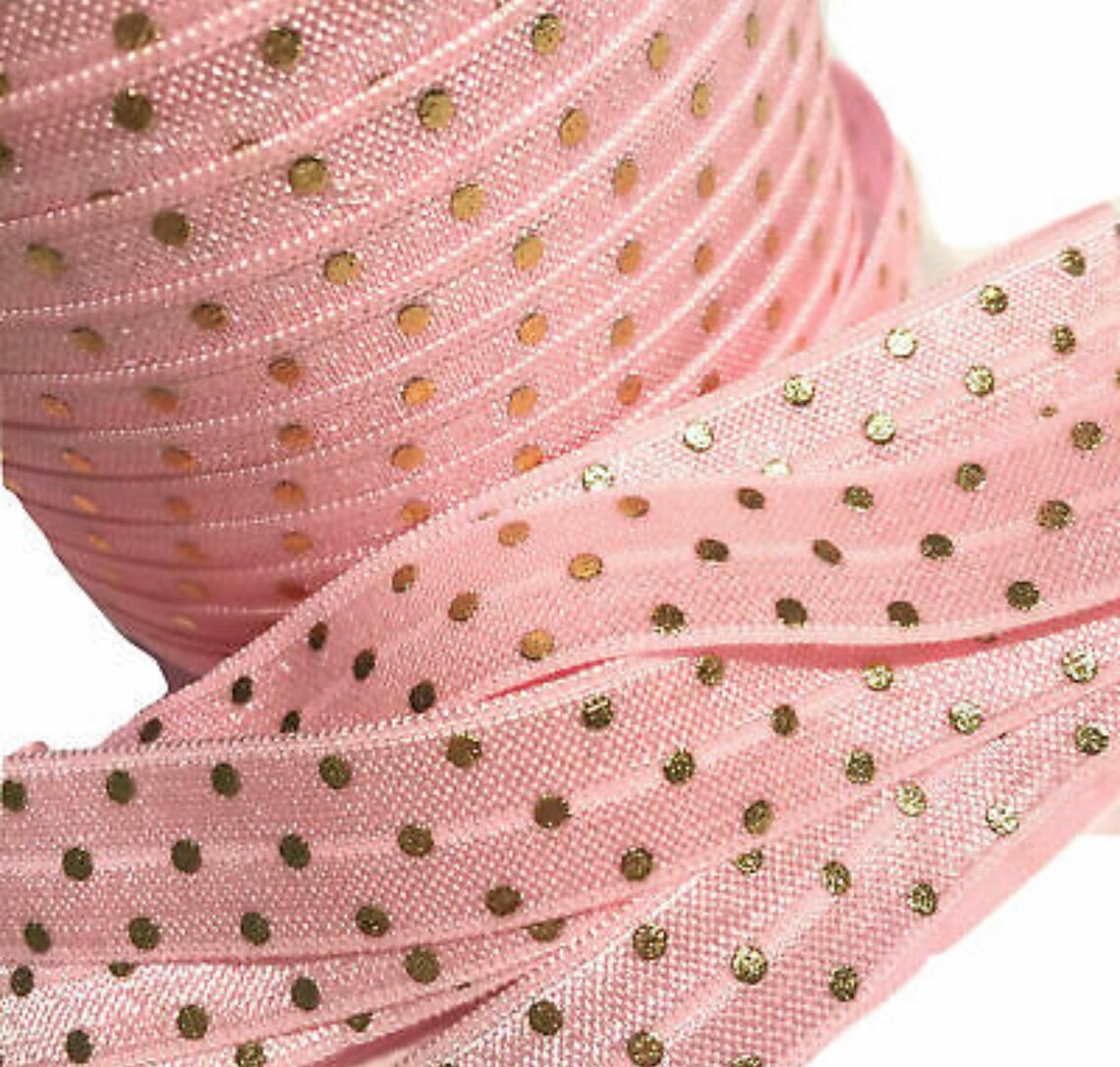 Light Pink Metallic Gold Polka Dot Print 5/8" Fold Over Elastic FOE, 1 ...