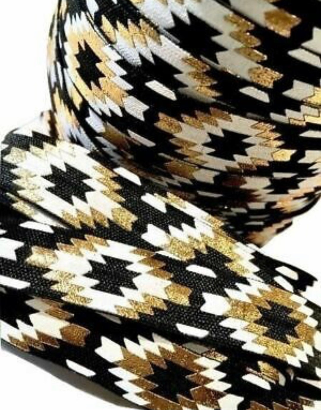 Black Metallic Gold Tribal Aztec Print 5/8" Fold Over Elastic FOE, 1-10 ...