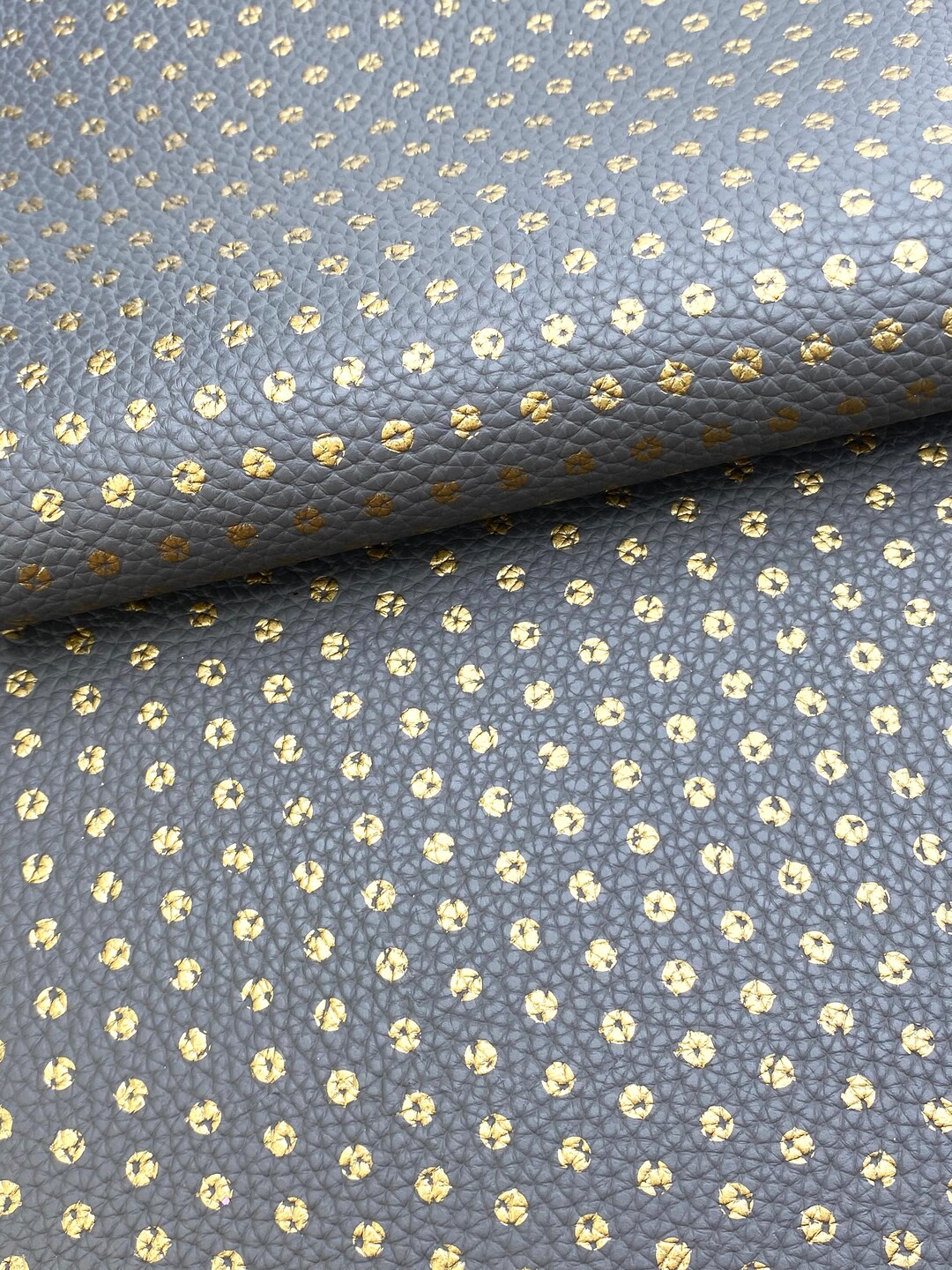 Gray Gold Polka Dot Print Textured Faux Leather Sheet, Synthetic Vinyl ...