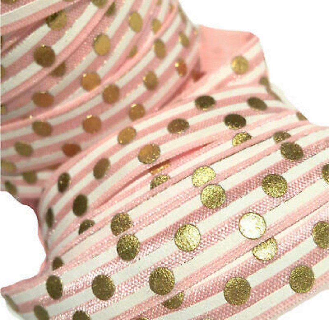 Pink Stripe Gold Polka Dot Fold Over Elastic: DIY Headbands, Hair Ties ...