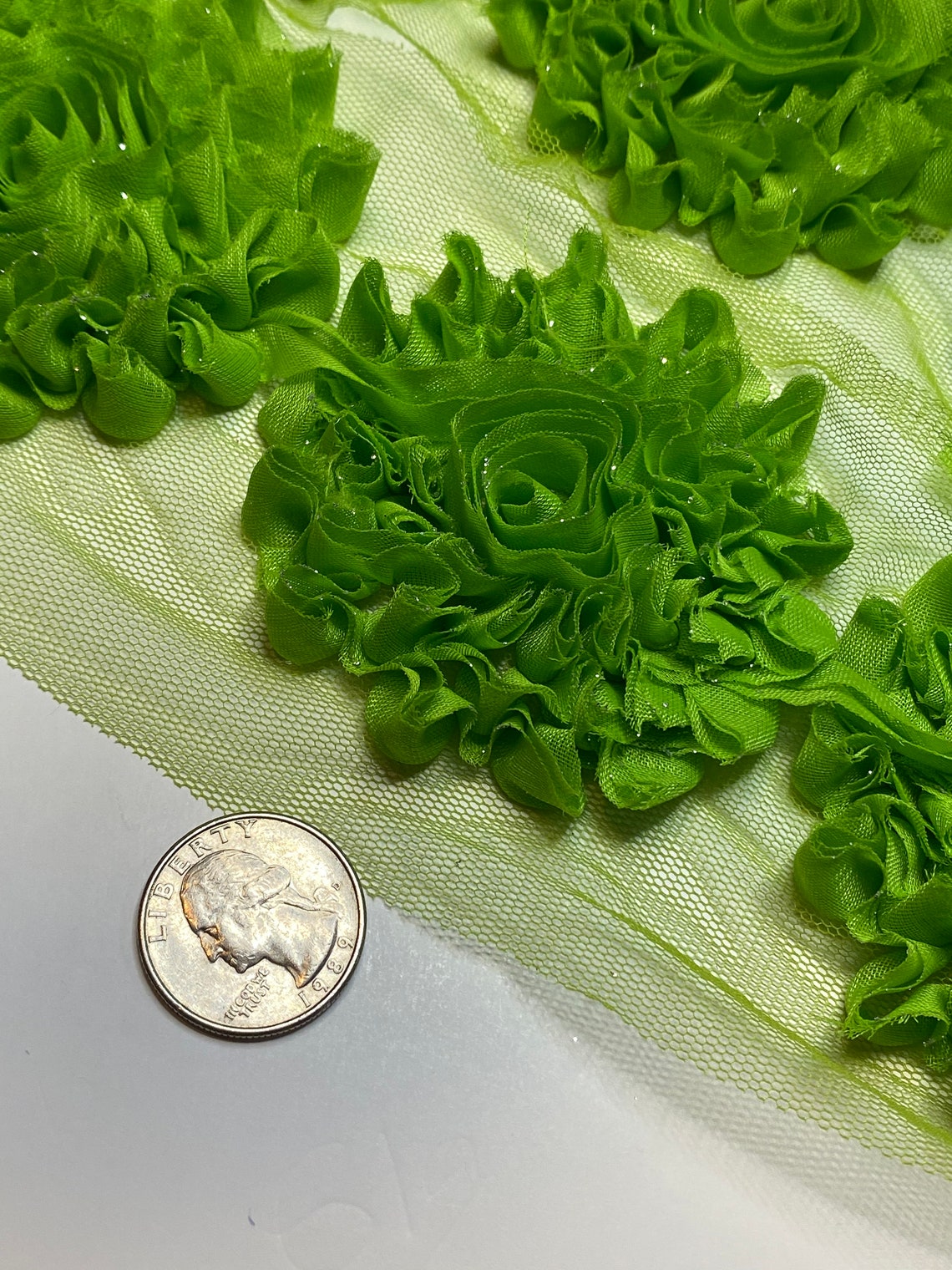 Lime green 3 glitter ruffle shabby chiffon rose trim frayed | Etsy