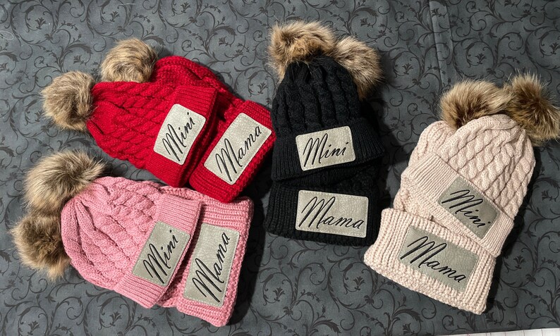 Mama and Mini Embroidered Patch Matching Pom Pom Beanie Set. - Etsy