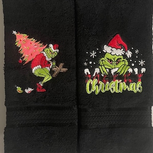 Grinch Christmas Hand Towel or Bath Towel, Embroidered Towels, Bathroom ...
