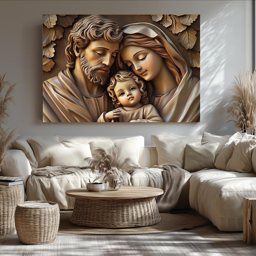 Holy Family Wall Art, Jesus Mary Joseph Wood Carving Print, Christian ...